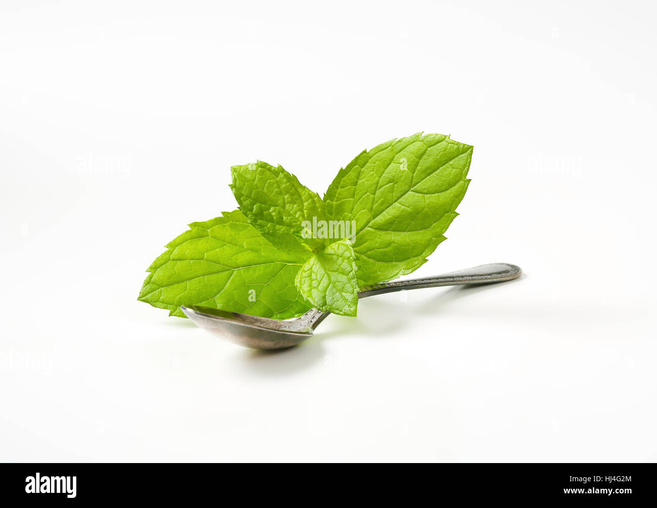leaves of lemon balm and teaspoon on white background Stock Photo - Alamy