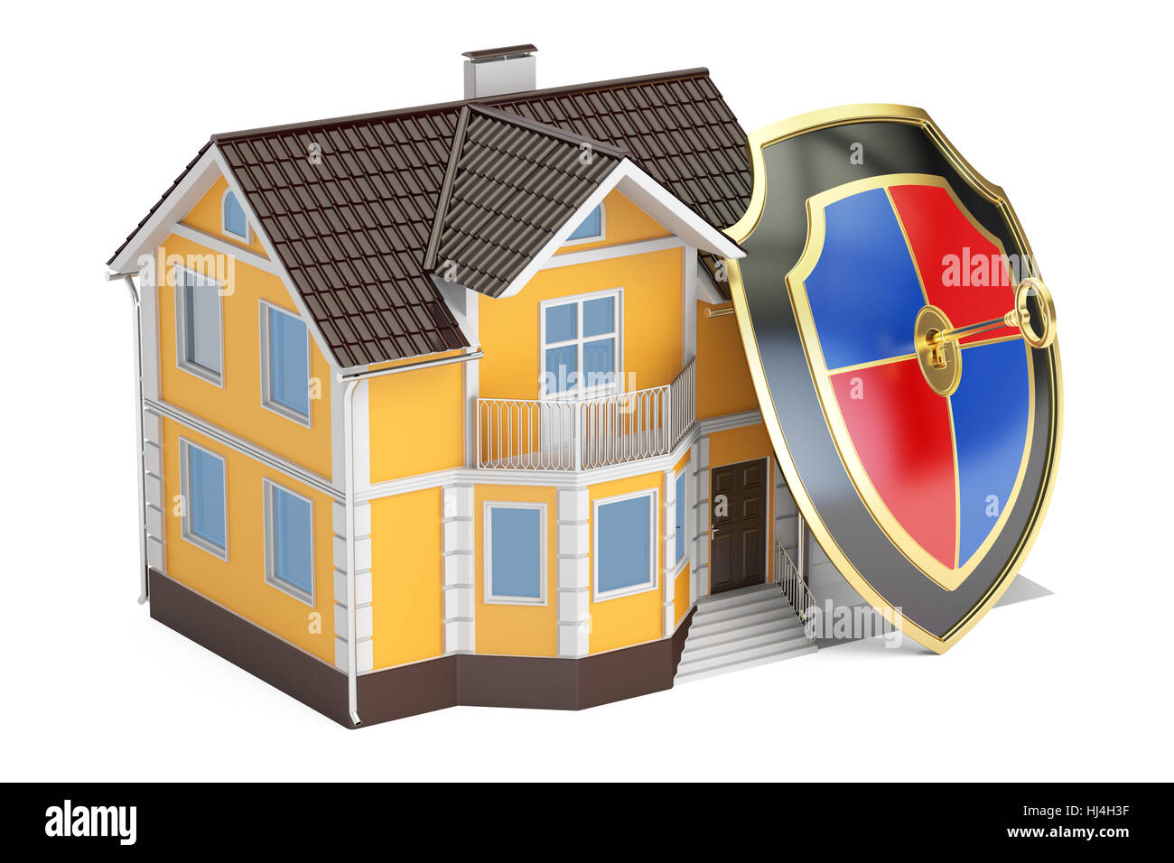House security and protection concept, home with shield. 3D rendering ...