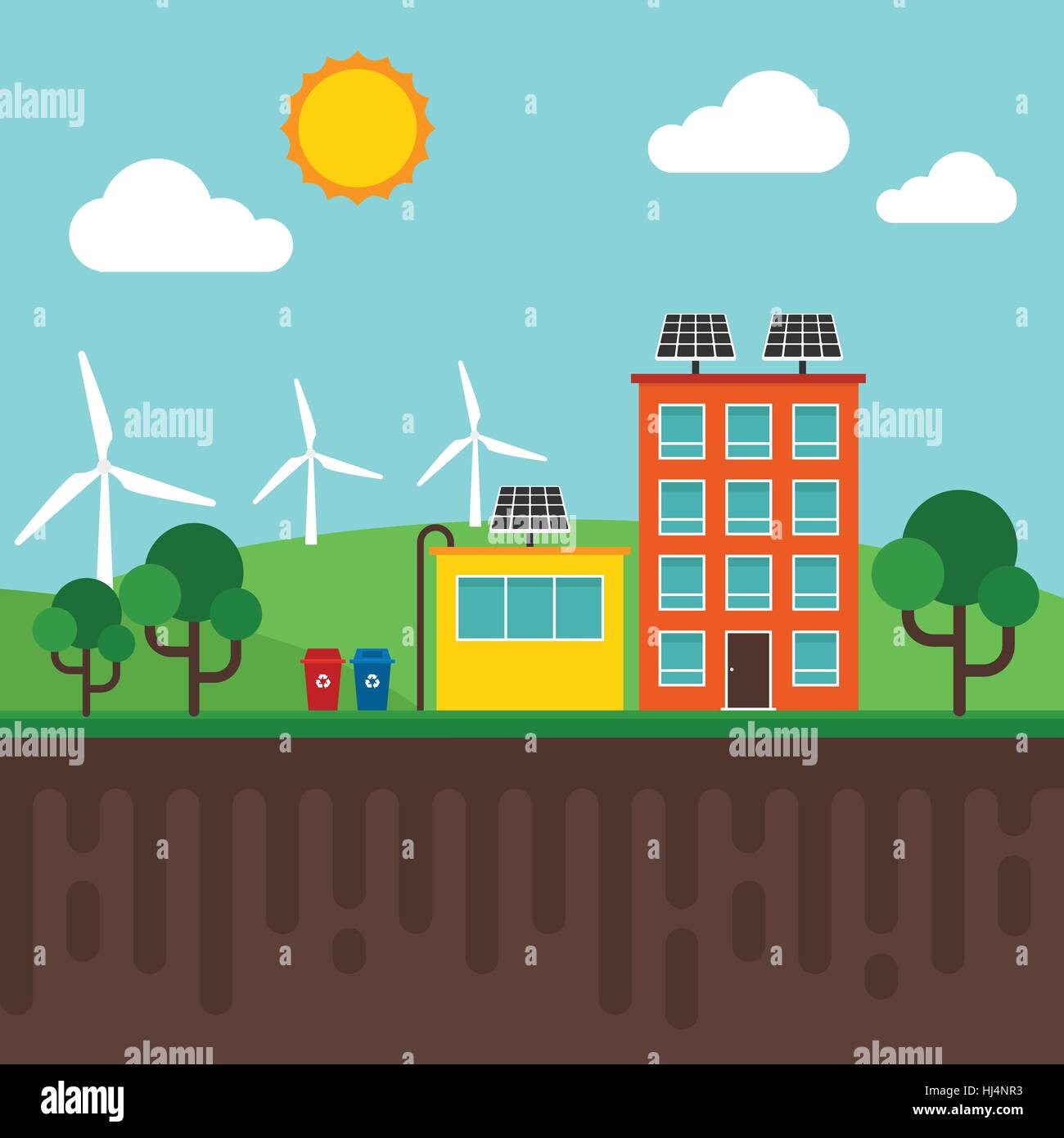 City of renewable energy concept, green energy environment flat design ...