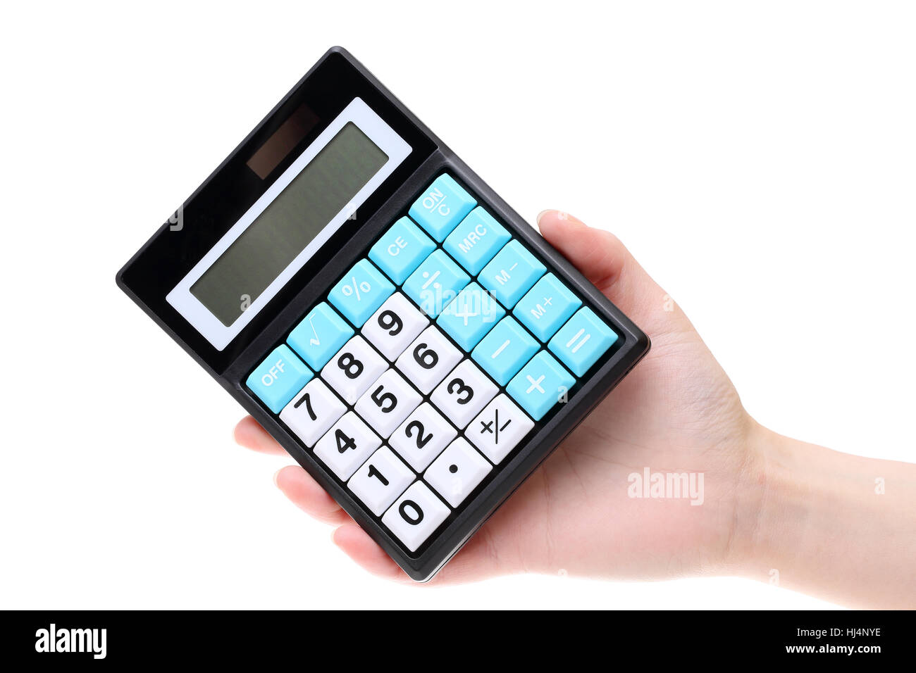 Hand holding calculator on a white background closeup Stock Photo - Alamy