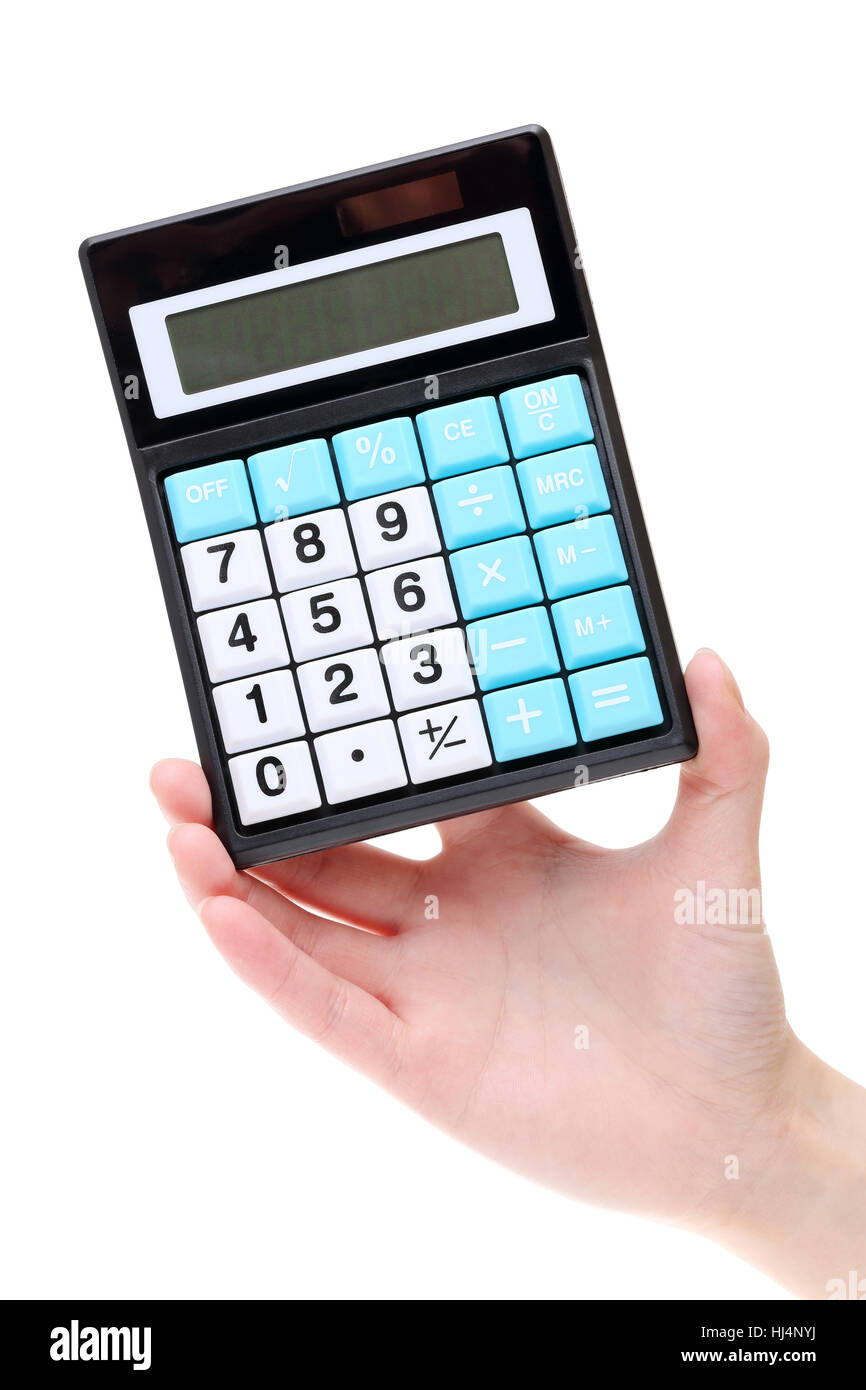 Hand holding calculator on a white background closeup Stock Photo - Alamy