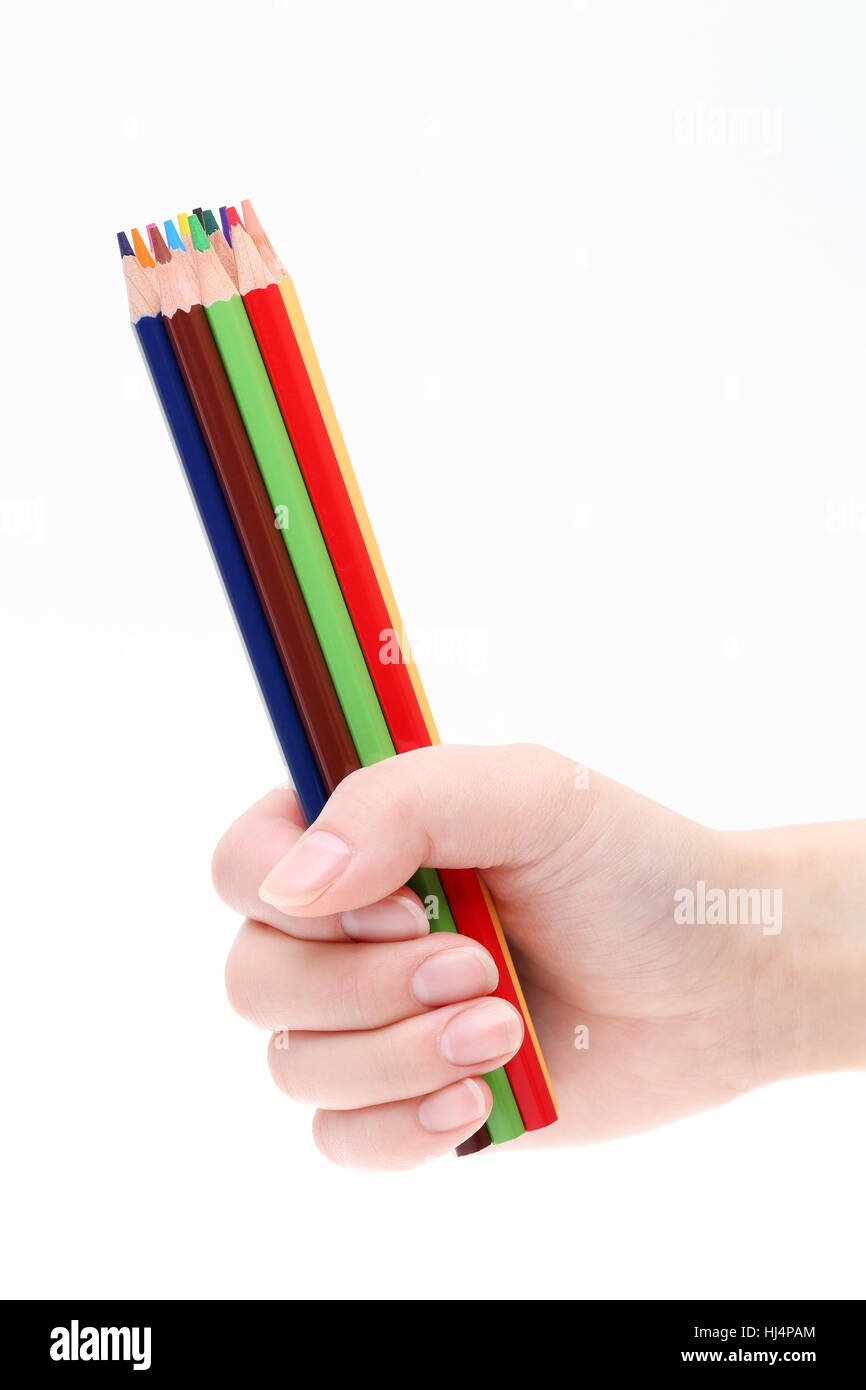 Hand holding color pencils on white background Stock Photo - Alamy
