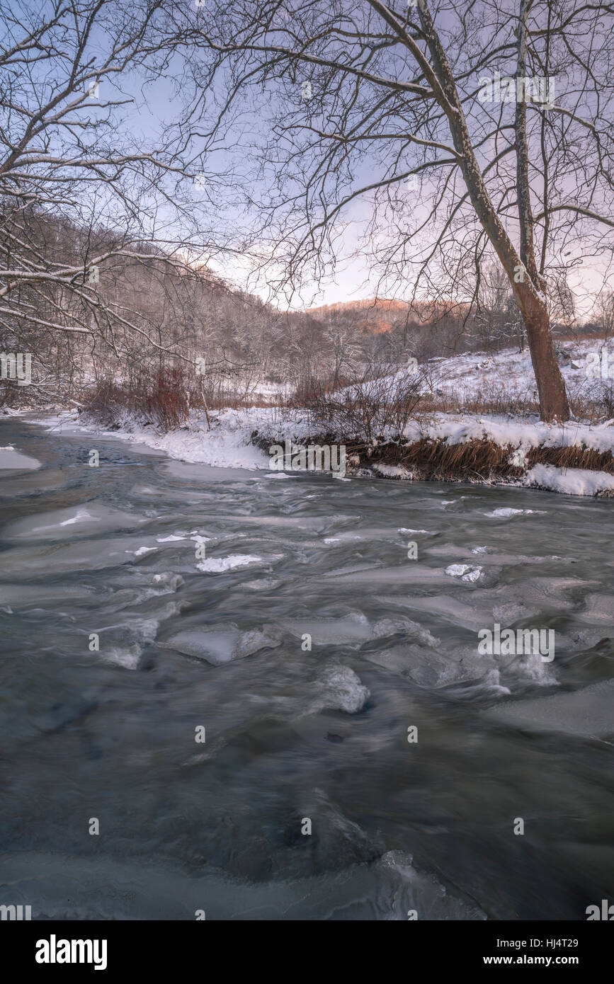 Snowy winter scene on the New River, Blue Ridge Mountains, North ...