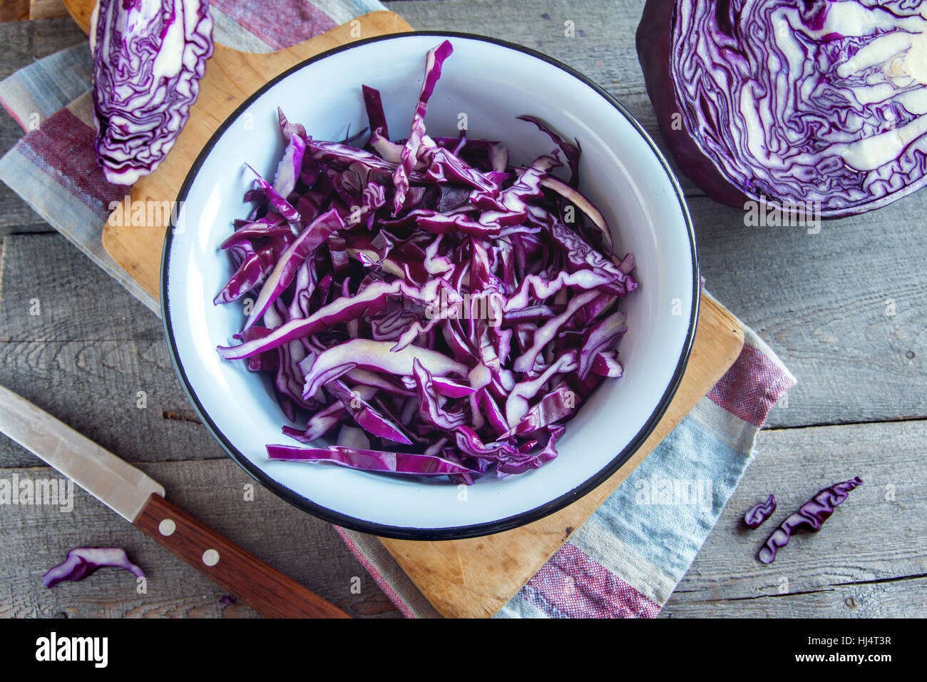 Organic Chopped Red (Blue, Purple) Cabbage in rustic metal bowl - fresh ...