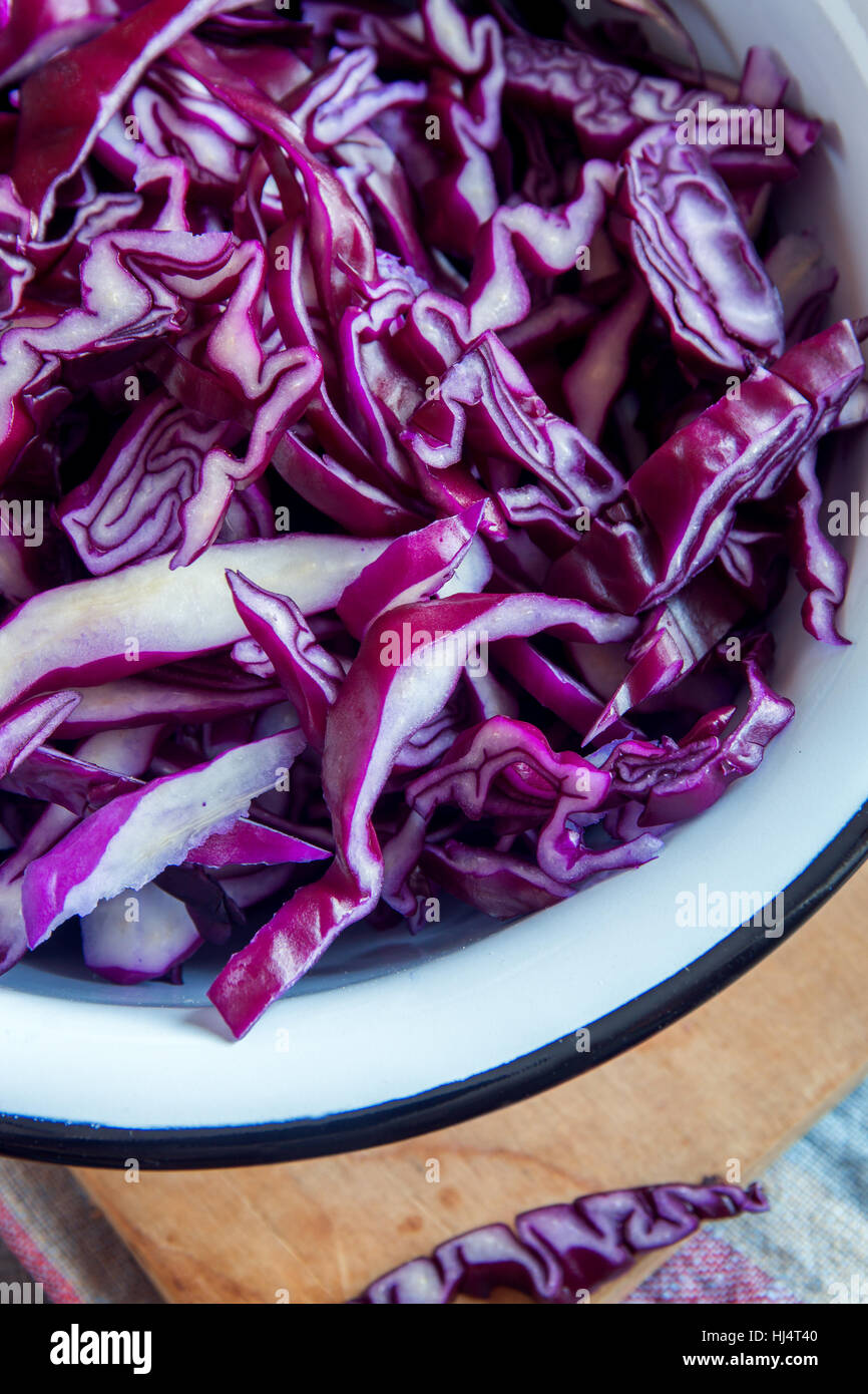 Organic Chopped Red (Blue, Purple) Cabbage in rustic metal bowl - fresh ...