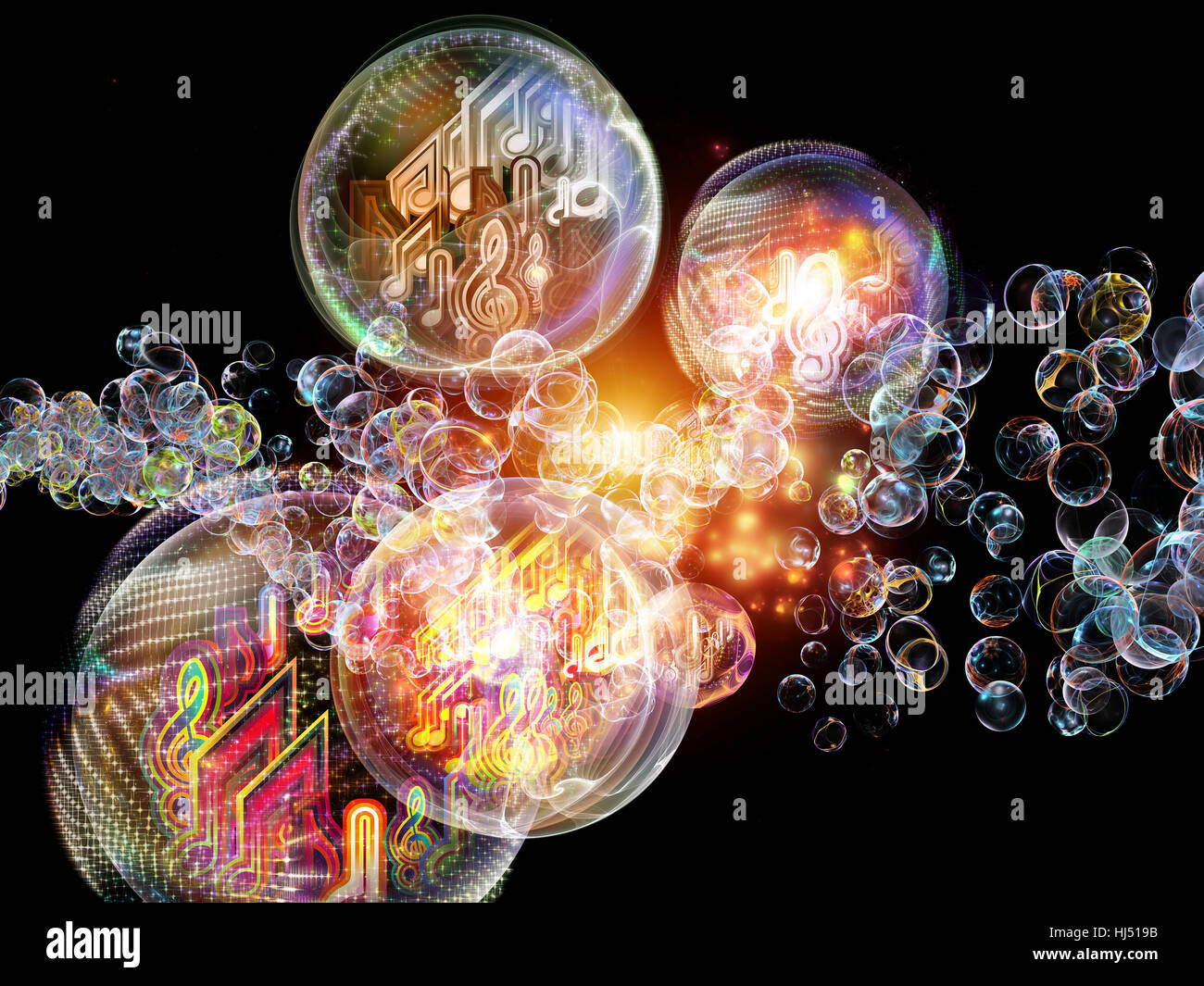 Bubble Symphony series. Composition of musical notes, fractal spheres ...