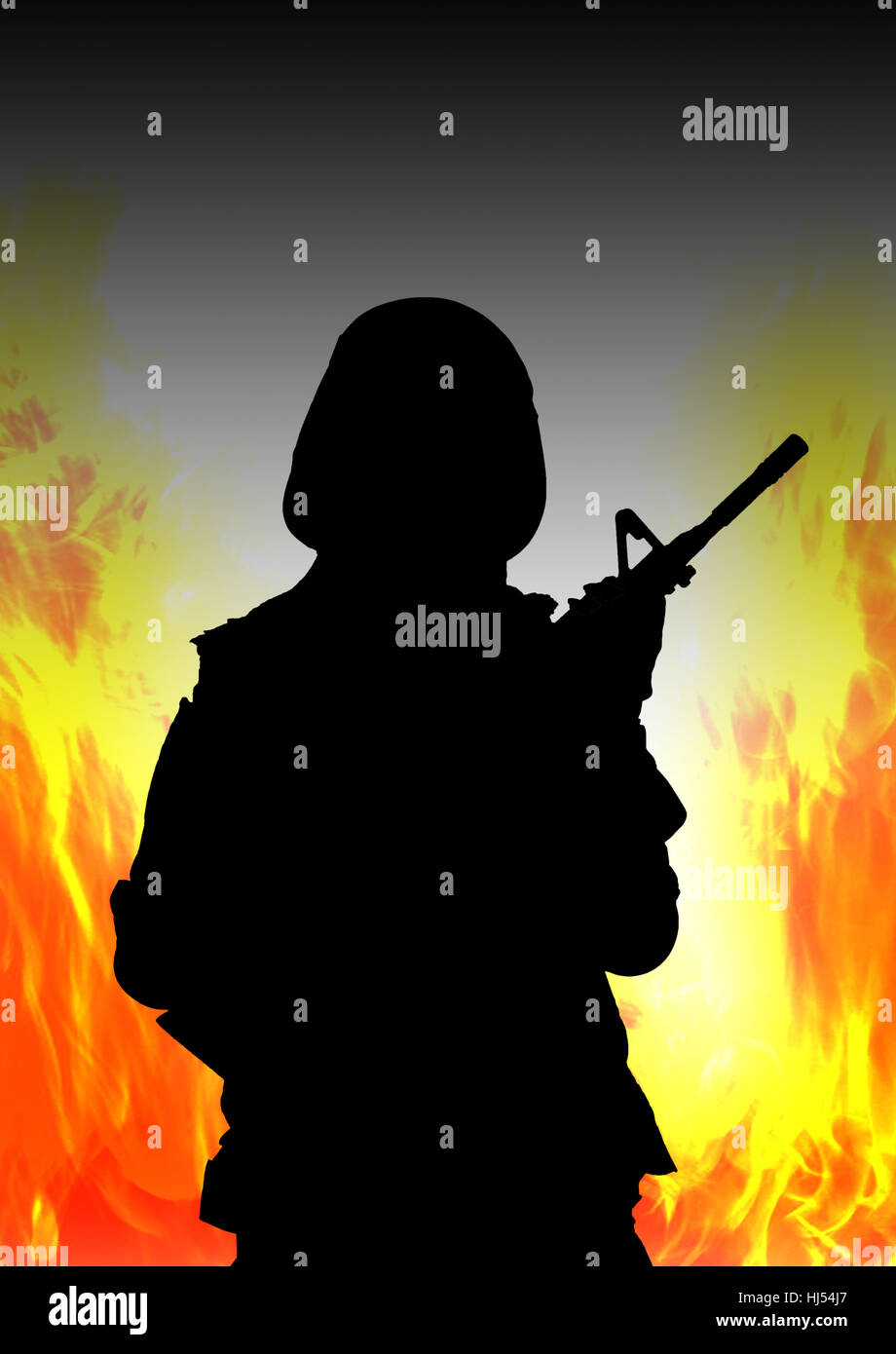 Black soldier shadow with rifle on fire background Stock Photo - Alamy