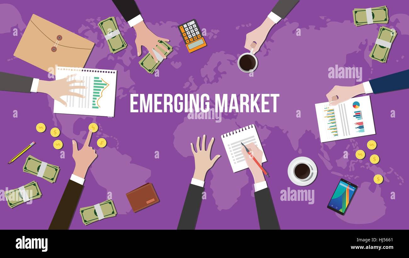 emerging market concept illustration with team working together on top ...