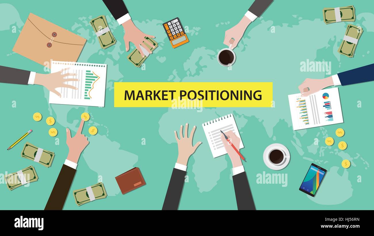 market positioning concept discussion illustration with paperworks ...