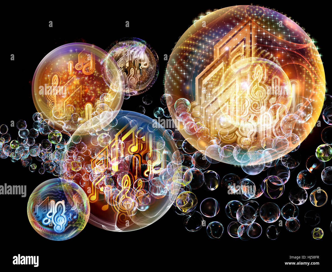 Bubble Symphony series. Composition of musical notes, fractal spheres ...