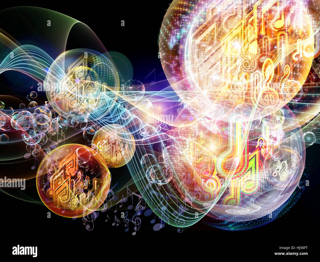Bubble Symphony series. Arrangement of musical notes, fractal spheres ...