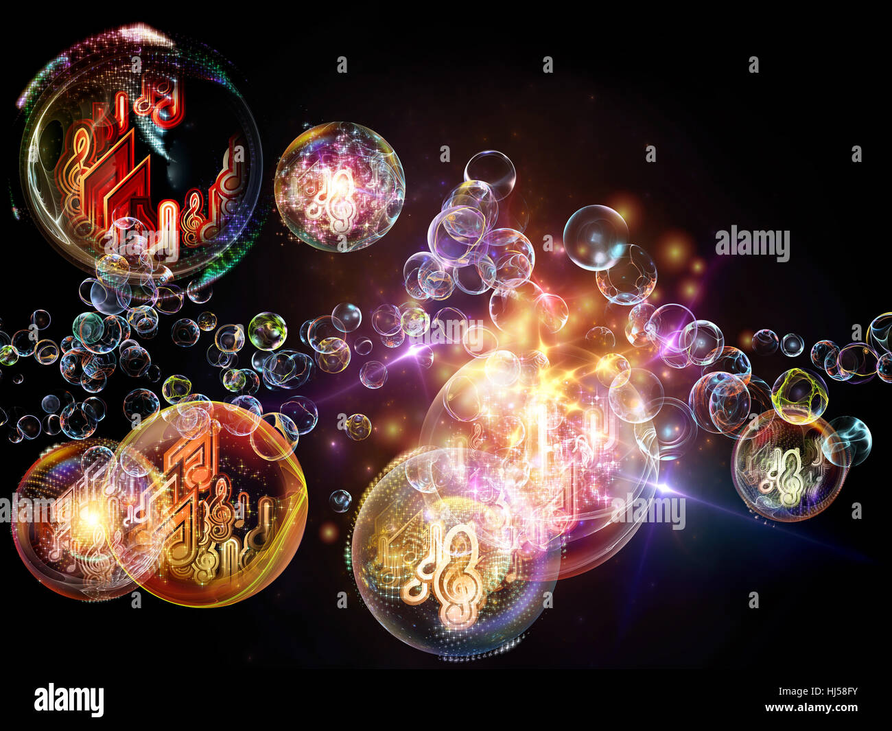 Bubble Symphony series. Backdrop of musical notes, fractal spheres and ...
