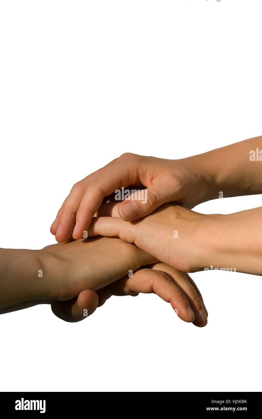 four hands symbolizing power, unity and teamwork, on white Stock Photo ...