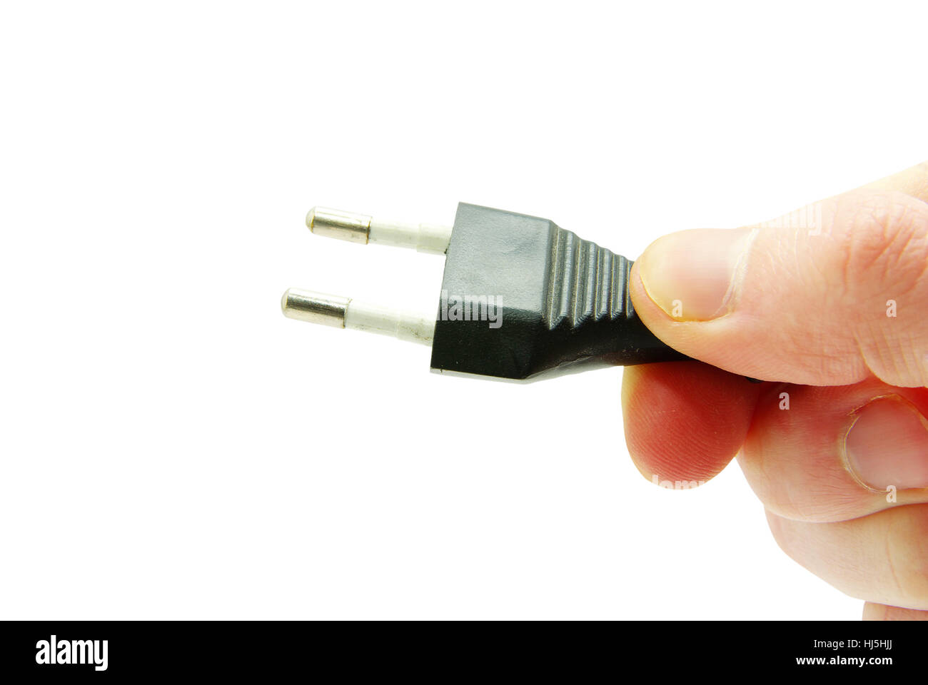 hand with plug over white background Stock Photo - Alamy
