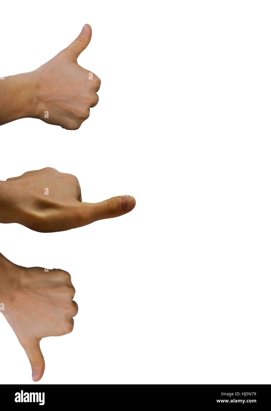 three young hands showing thumbs up and thumbs down, on white Stock ...