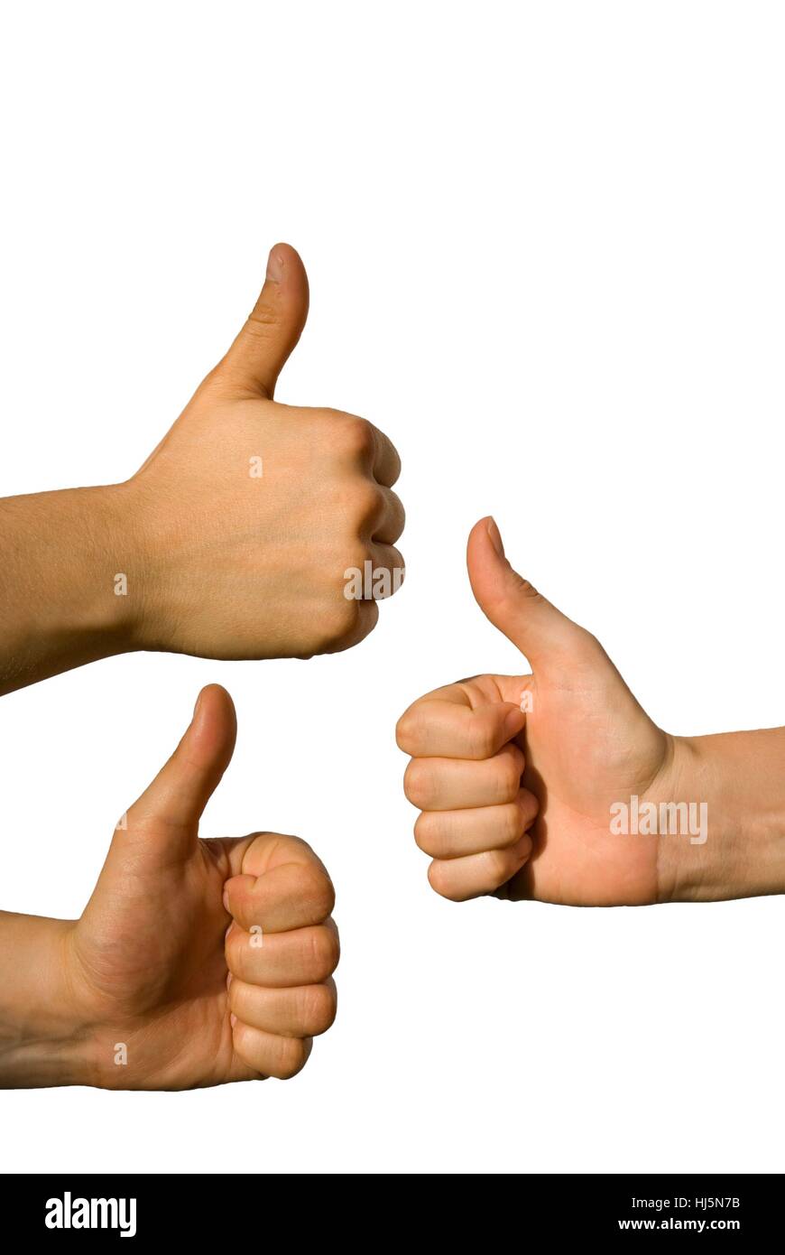 three young hands showing thumbs up, on white Stock Photo - Alamy