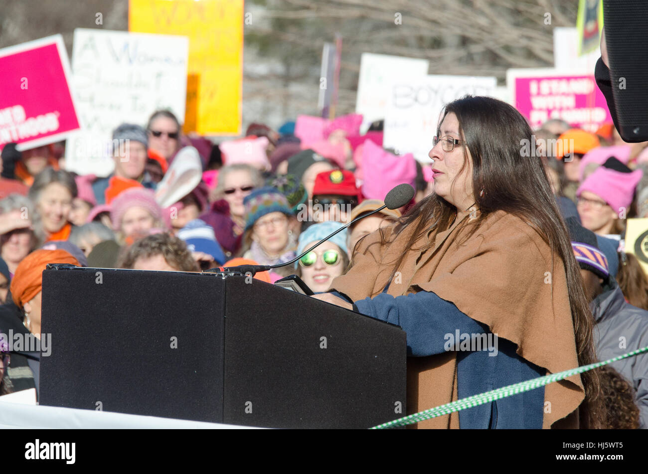 Augusta, Maine, USA. 21st Jan, 2017. June Sapiel, water protector and ...