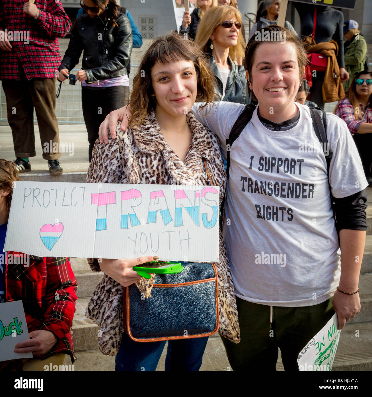Protesters with signs at Los Angeles City Hall, in Downtown Los Angeles ...