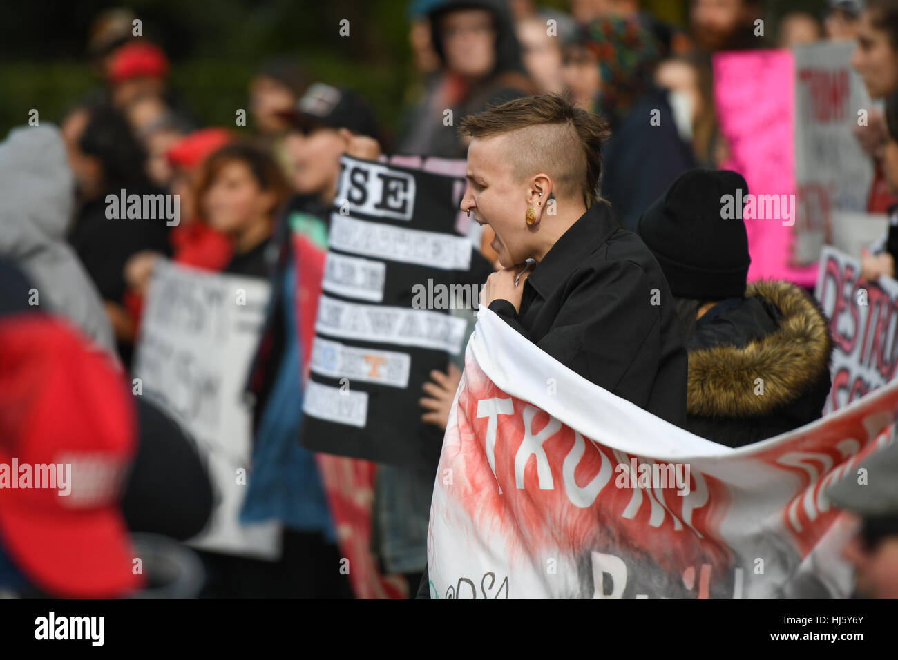 Sacramento, USA. 20th Jan, 2017. A large angry protest against the ...