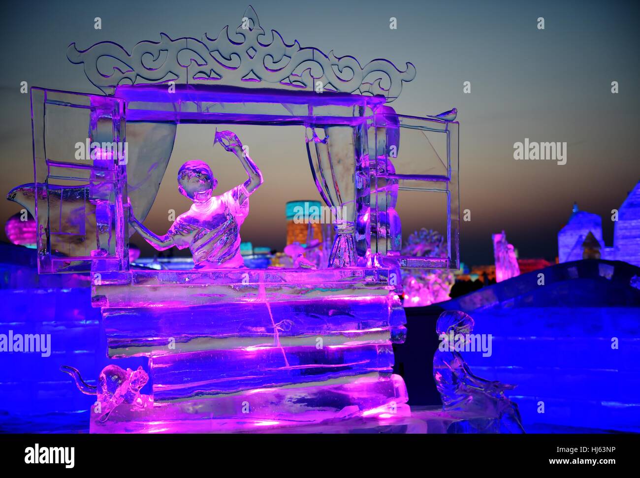 Harbin, China. 25th Jan, 2017. Illuminated ice sculptures are pictured ...