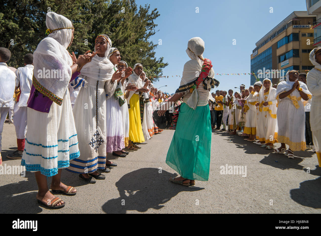 Addis Ababa - Jan 19: Young girls dressed in colorful traditional ...