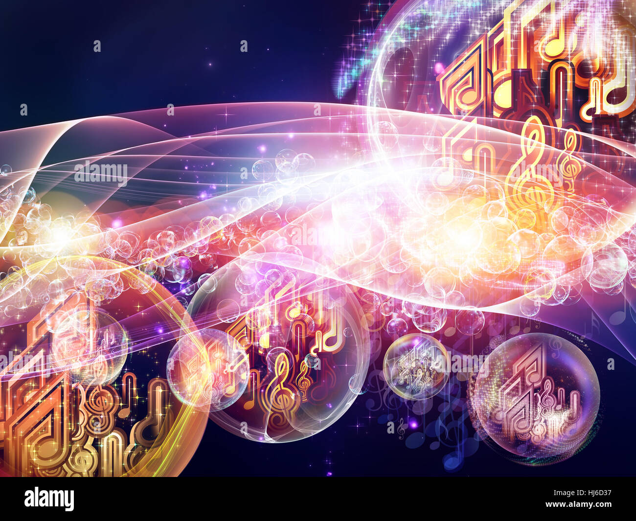 Bubble Symphony series. Arrangement of musical notes, fractal spheres ...
