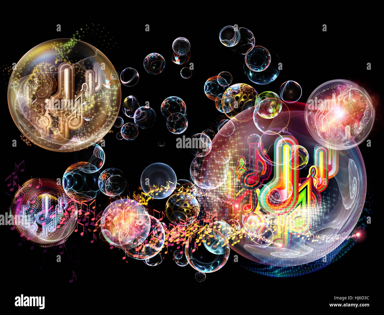Bubble Symphony series. Composition of musical notes, fractal spheres ...