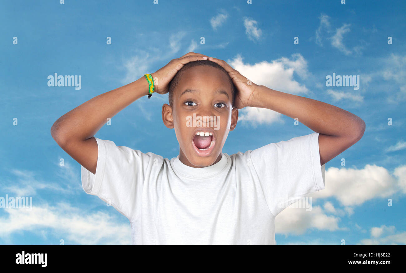 blue, African, amazed, unhappy, firmament, sky, child, shouting ...