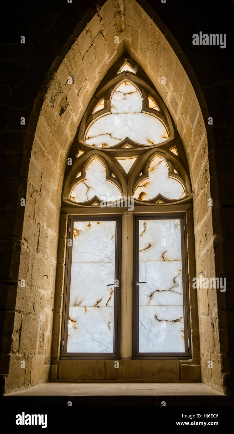 Windows of the lookout tower of the Uncastillo Castle. It is a historic ...