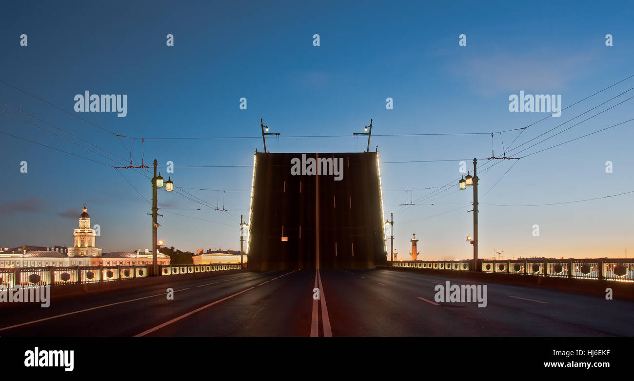 bridge, night, nighttime, russia, drawbridge, hoisted, bridge, night ...