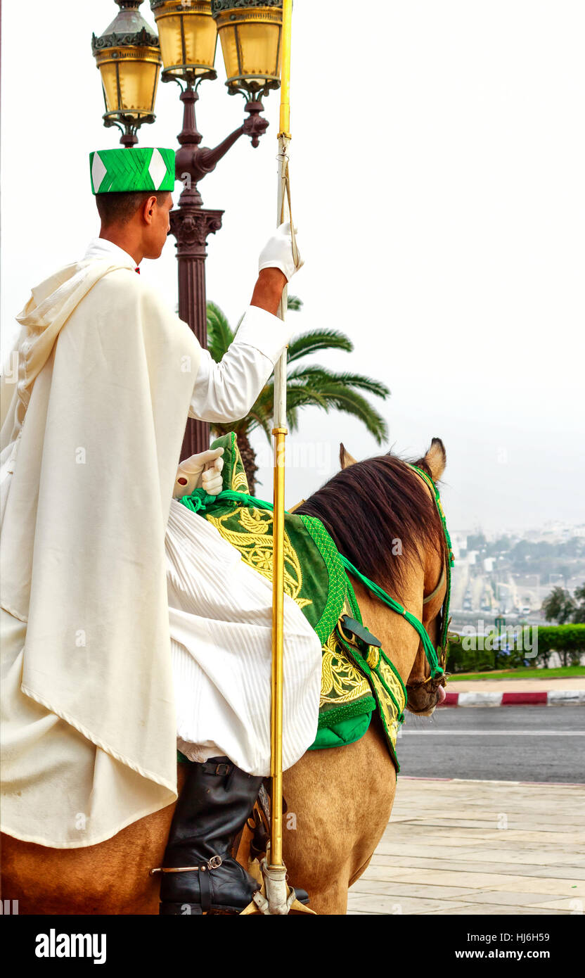 Royal mounted guard on Arab horse at the Hassan Tower and Mausoleum of ...