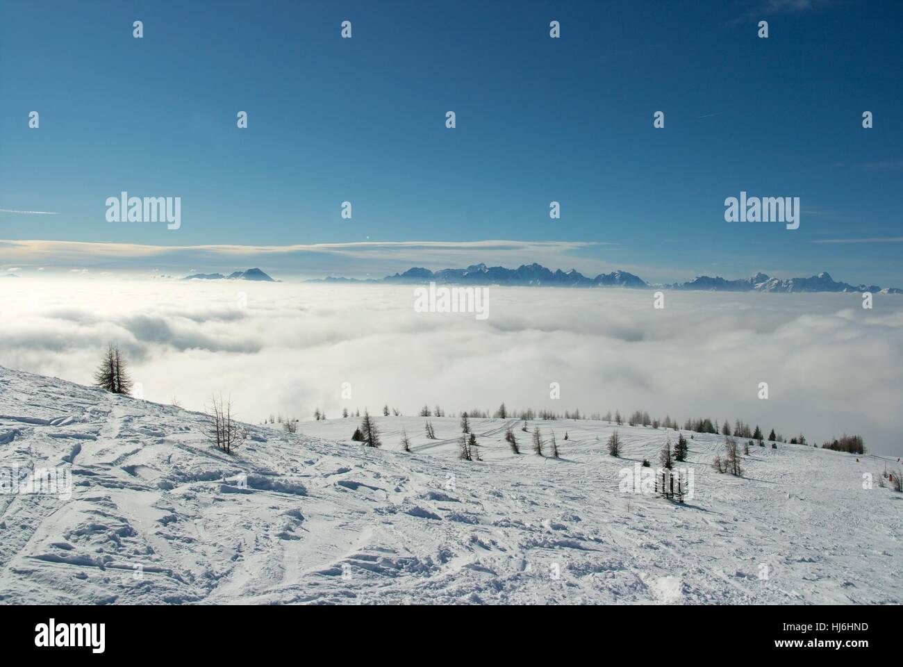 Snowy slopes on a mountain above the clouds Stock Photo - Alamy