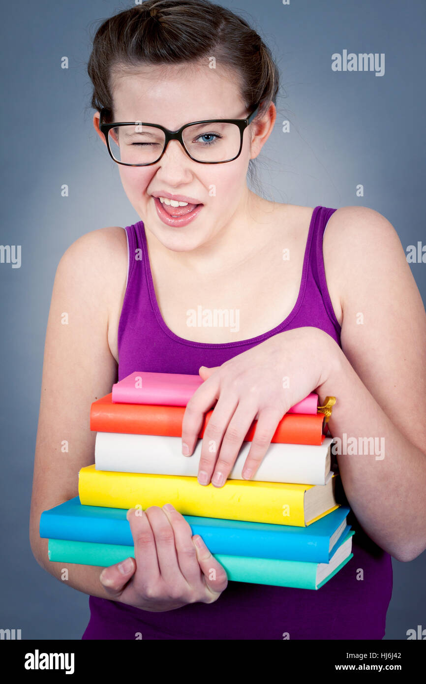 portrait, pupil, learn, teenager, scanning, reads, book, school ...