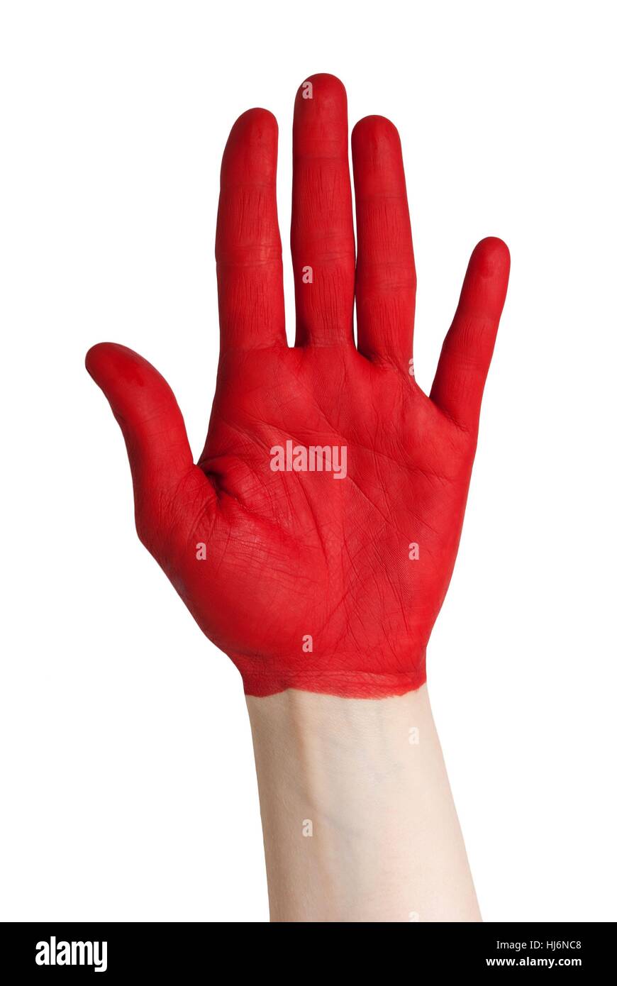 a red painted hand symbolizing signal or happiness Stock Photo - Alamy