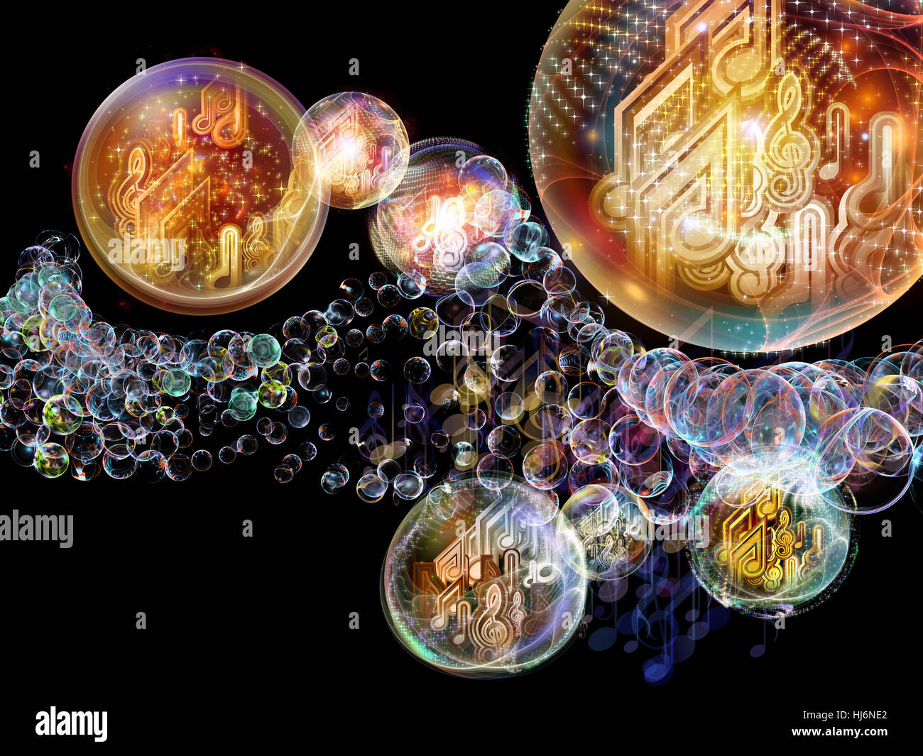 Bubble Symphony series. Composition of musical notes, fractal spheres ...