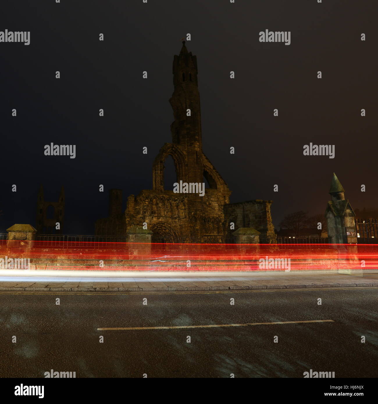 Light smears and cathedral ruins St Andrews Fife Scotland January 2017 ...