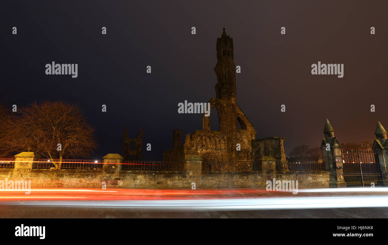 Light smears and cathedral ruins St Andrews Fife Scotland January 2017 ...