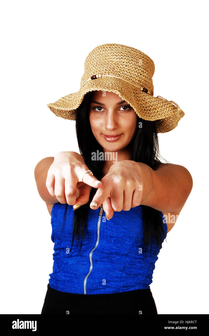 blue, finger, closeup, portrait, corset, straw hat, pointing, gesture ...