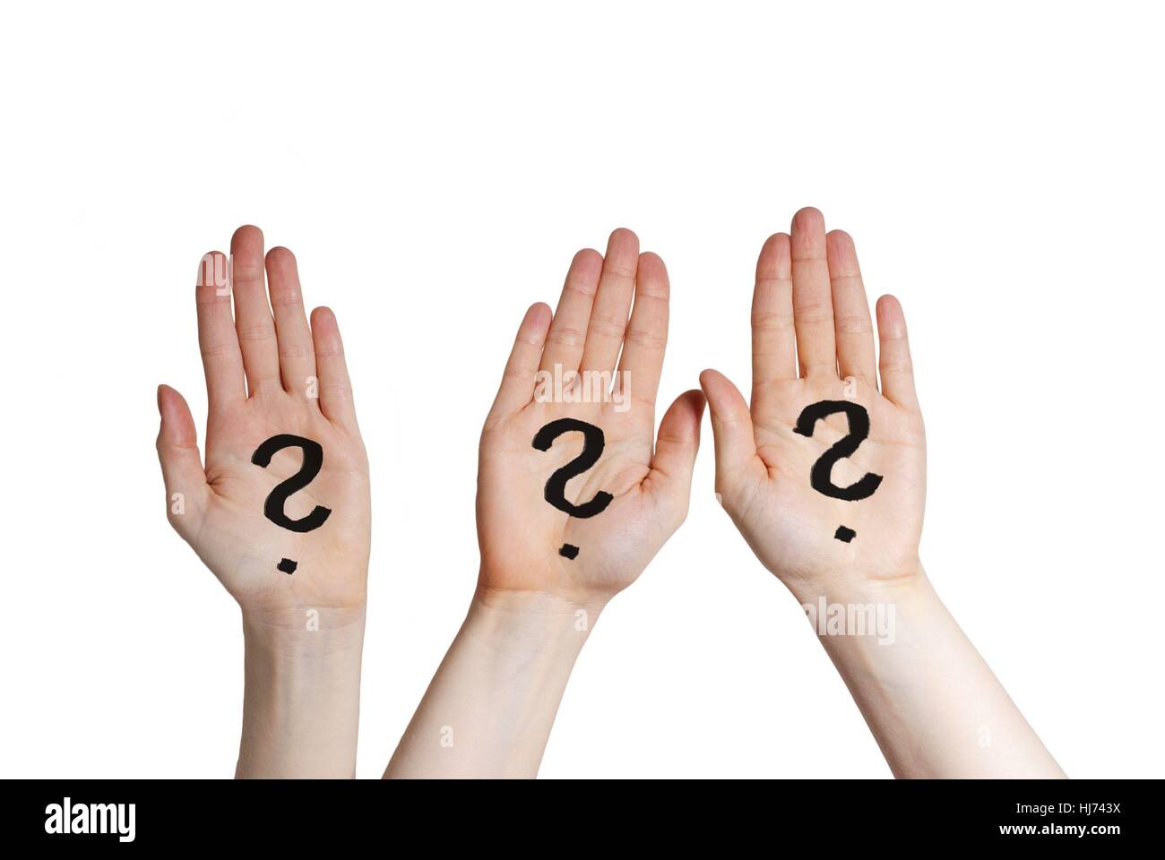 three hands with question marks on it, isolated Stock Photo - Alamy