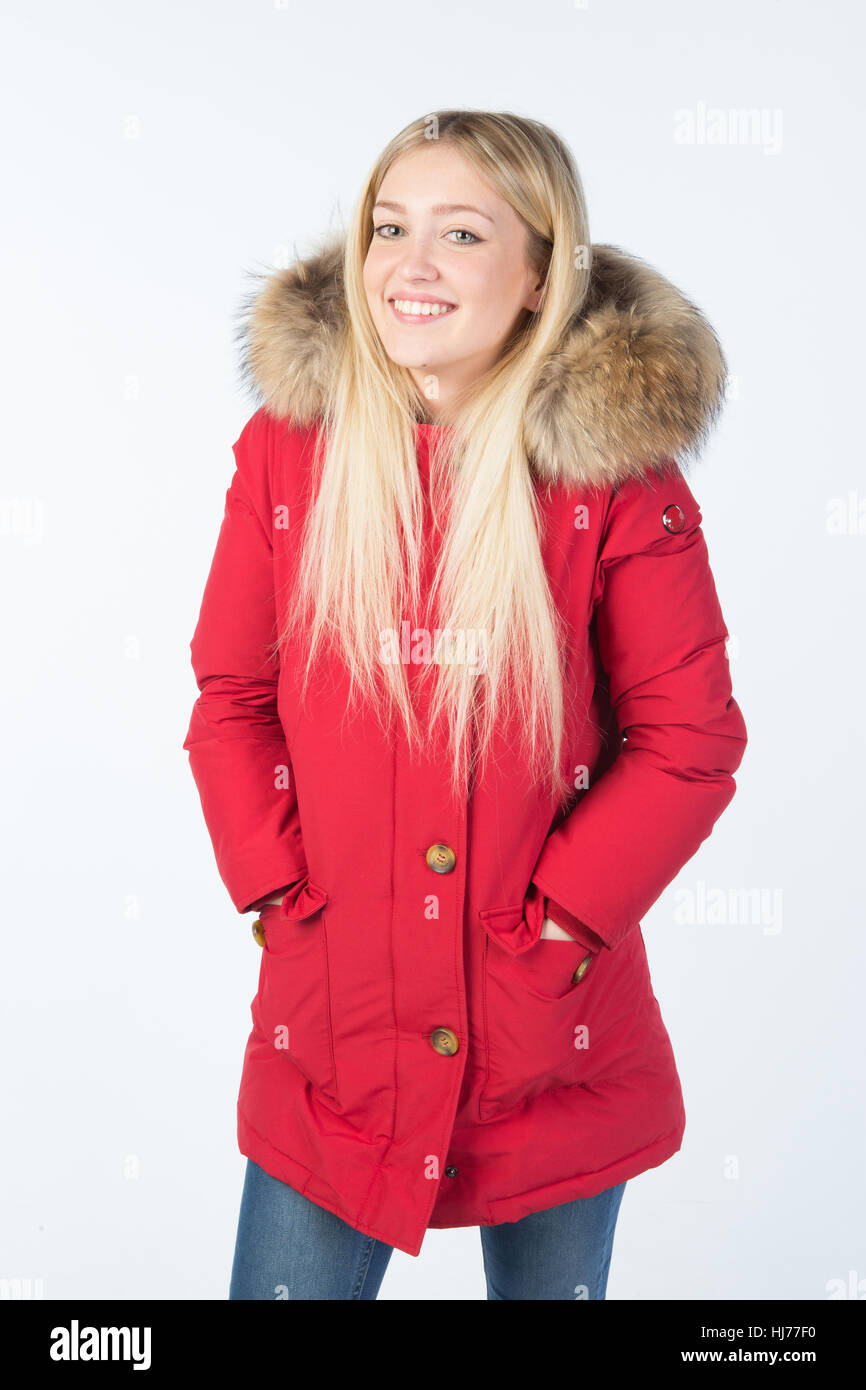 Portrait of a beautiful glam model with provocative makeup wearing red ...