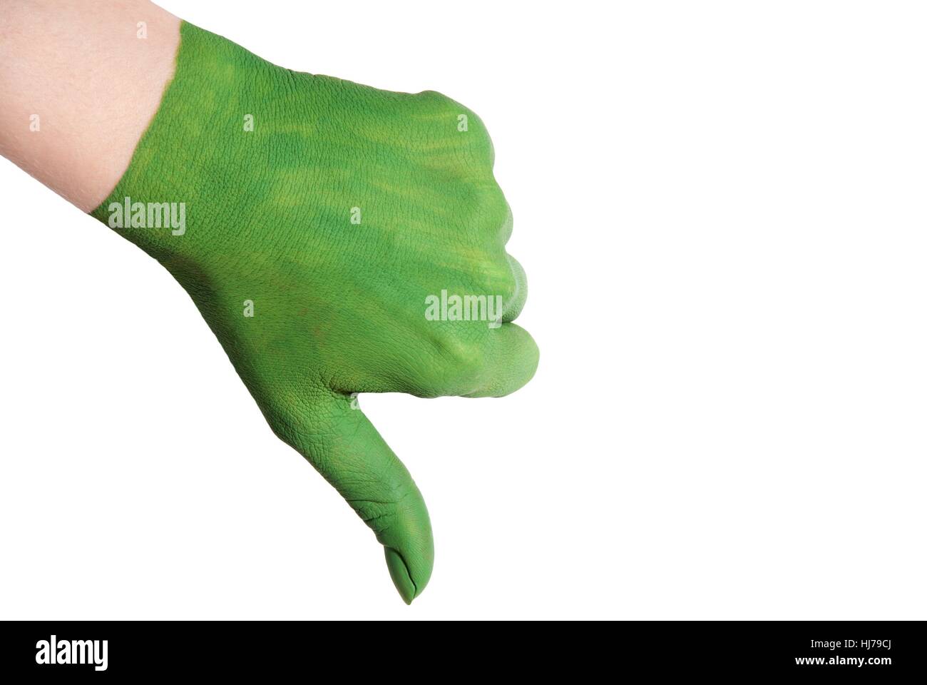 a green painted hand shows thumbs down Stock Photo - Alamy