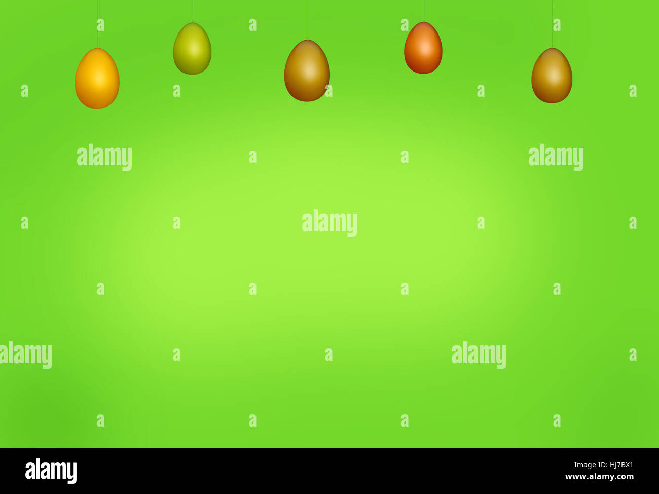 green easter background with hanging easter eggs in differenet colors ...