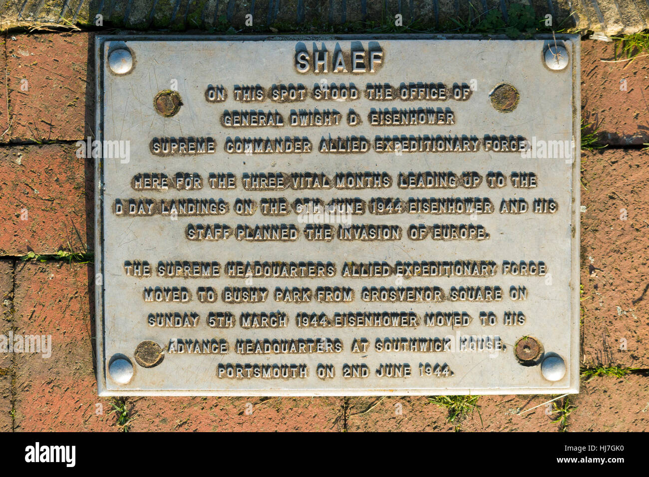 The SHAEF Memorial plaque. Bushy Park. Teddington. Middlesex. UK. Here ...