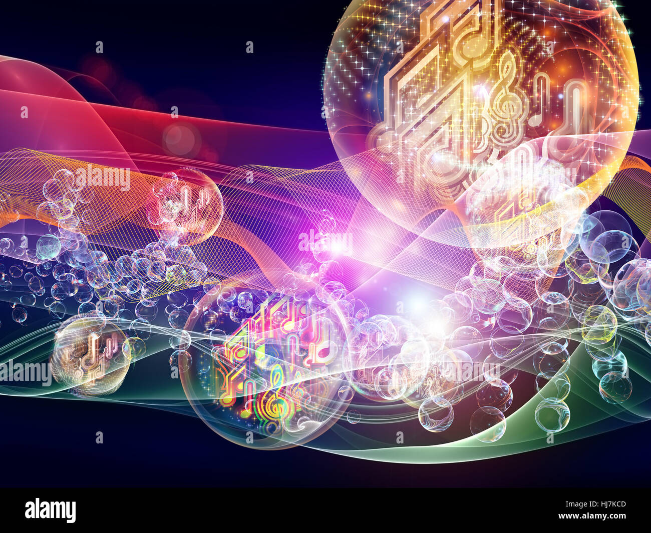 Bubble Symphony series. Composition of musical notes, fractal spheres ...