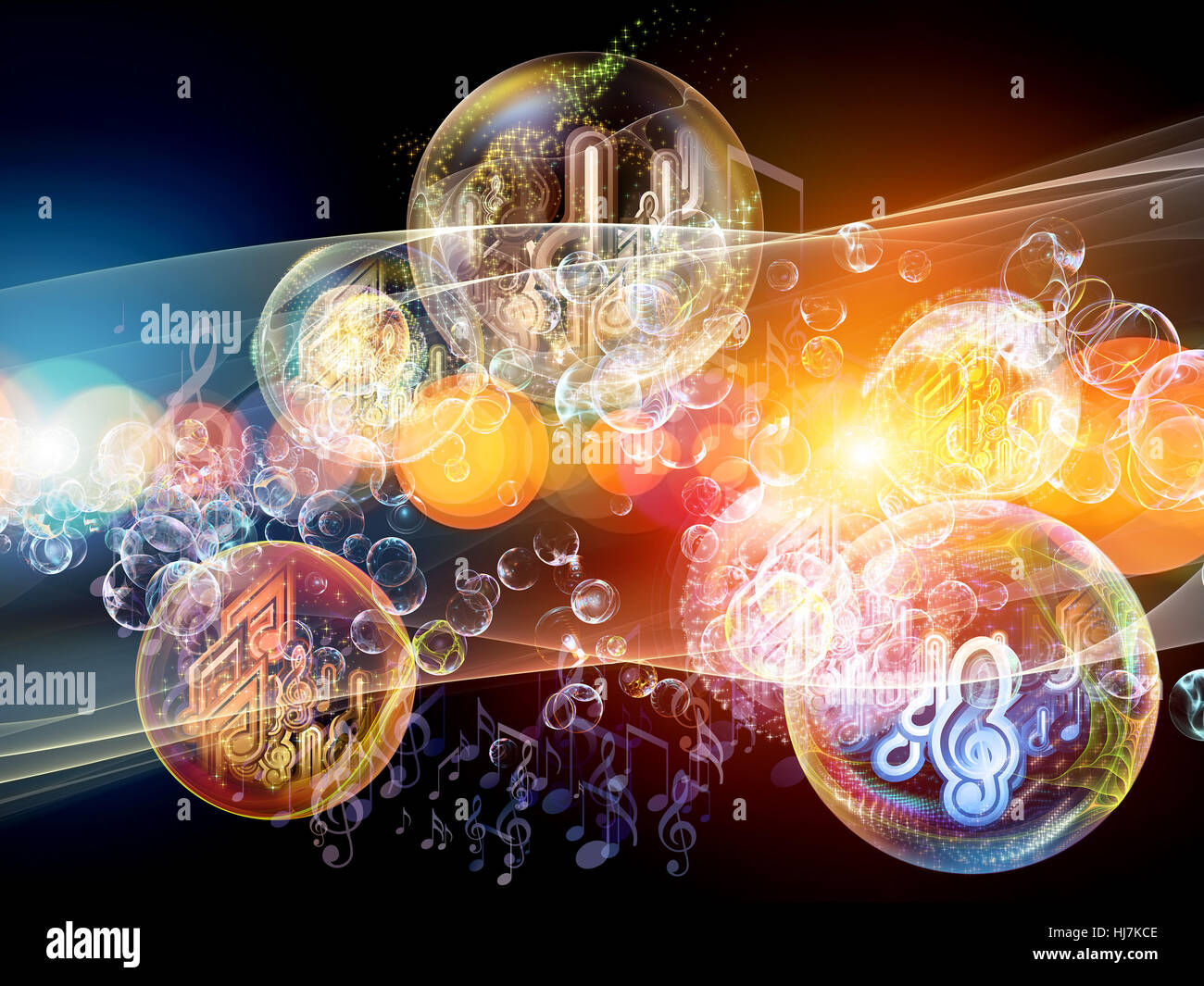 Bubble Symphony series. Arrangement of musical notes, fractal spheres ...
