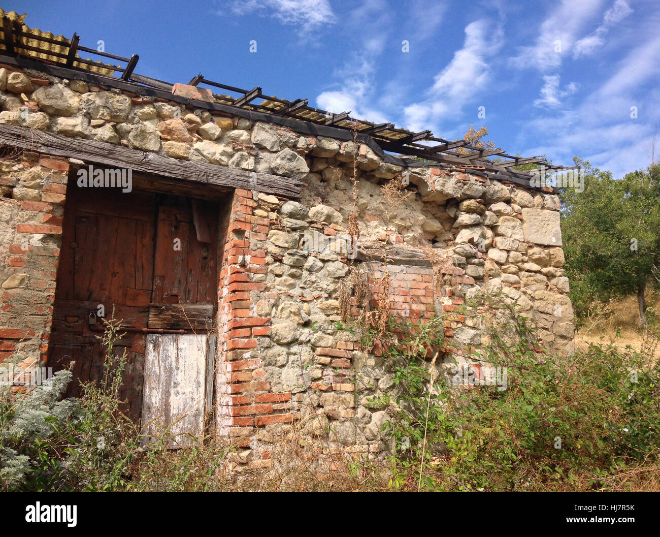Ruin of stone cottage with overgrown vegetation on the top of the ...
