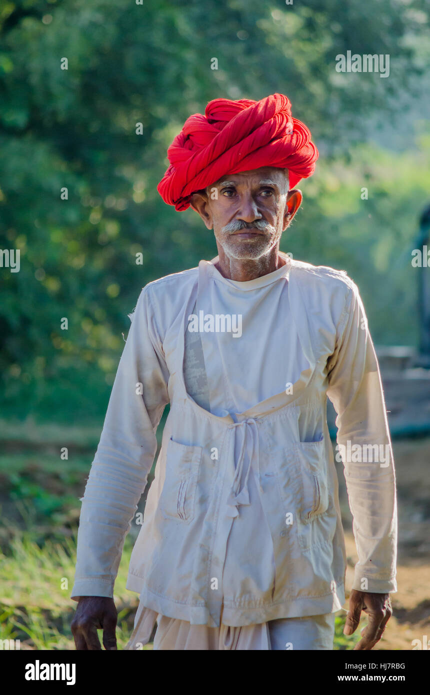 Closeup portrait of a Rajasthani senior citizen in his farm wearing red ...