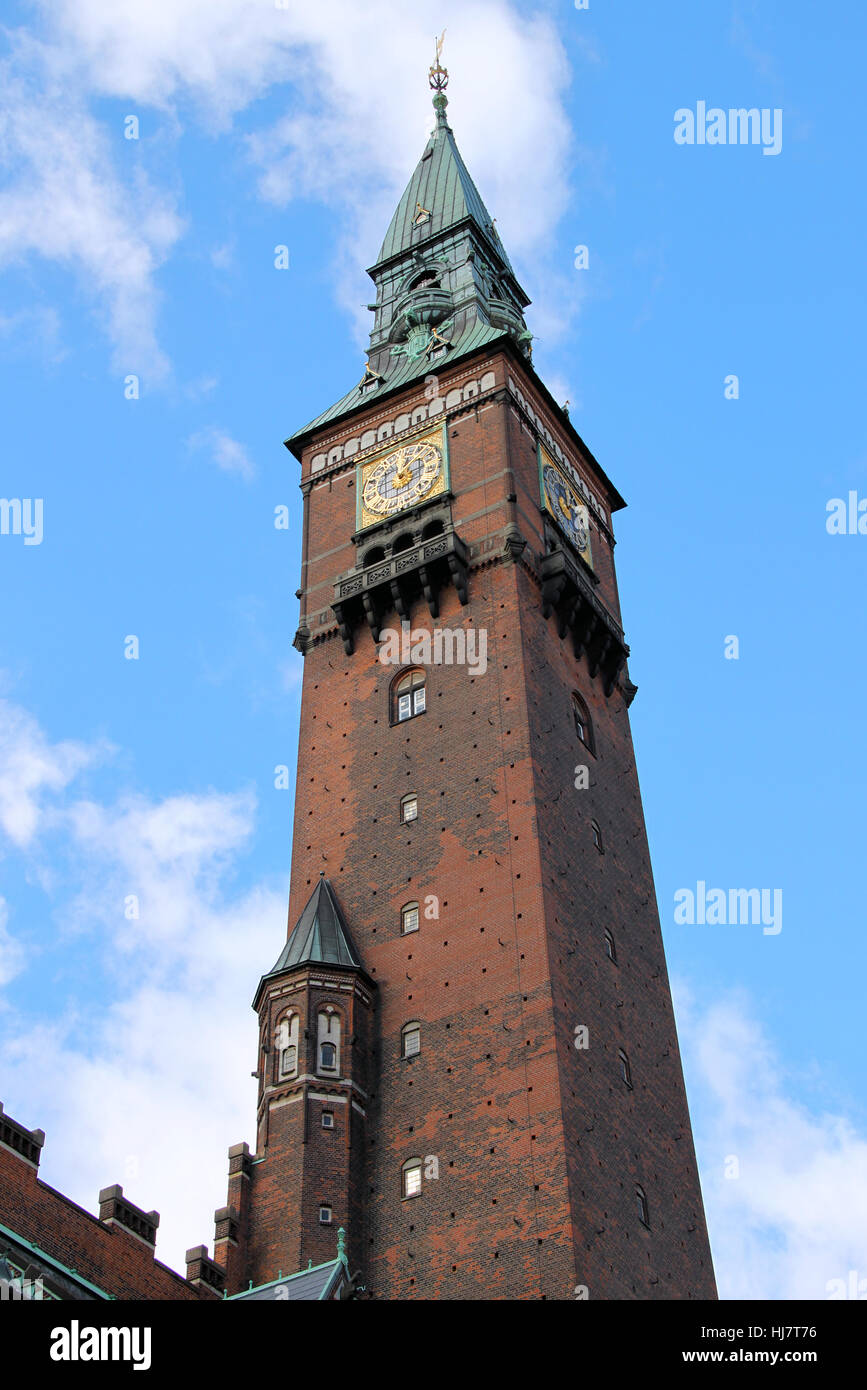 tower, historical, clock, denmark, town hall, copenhagen, brick, tower ...