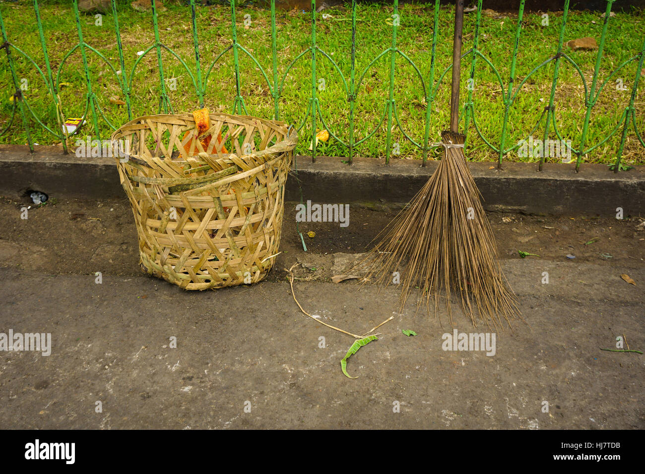 Broom stick and trash basket made from bamboo photo taken in jakarta ...