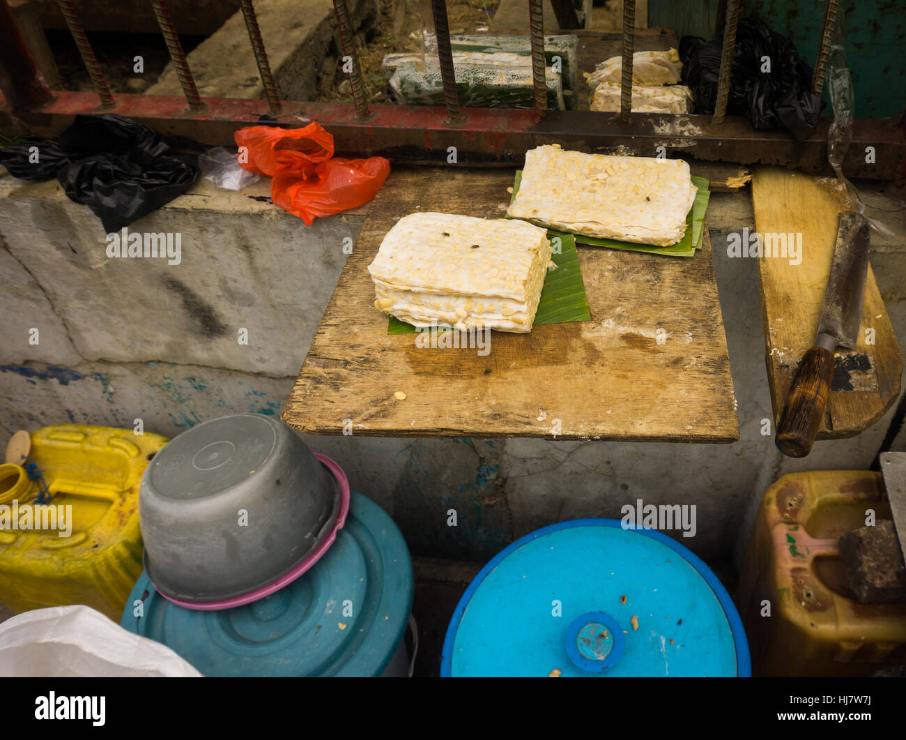 Sliced tempeh sold in traditional market photo taken in Jakarta ...